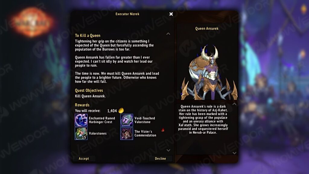 Slay Queen Ansurek in Story Mode and get Enchanted Runed Crest | WowVendor