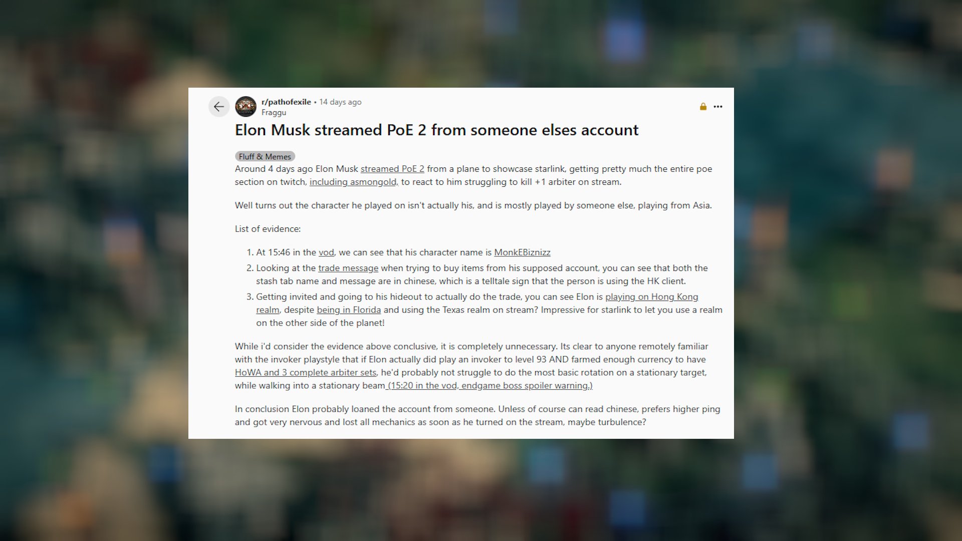 Elon Musk allegedly used Chinese account in Path of Exile 2